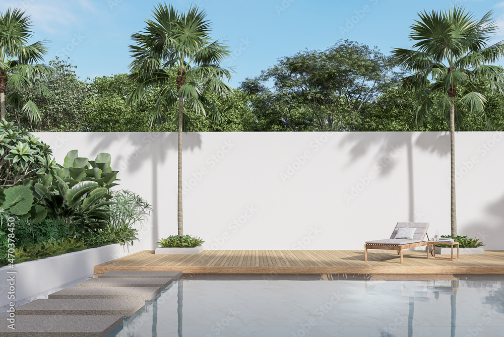 Minimal style swimmimg pool terrace with blank wall for copy space 3d ...