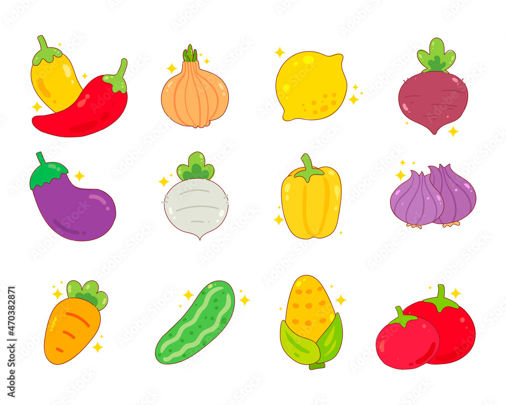 Fresh vegetable healthy food cartoon set hand drawn cartoon ...