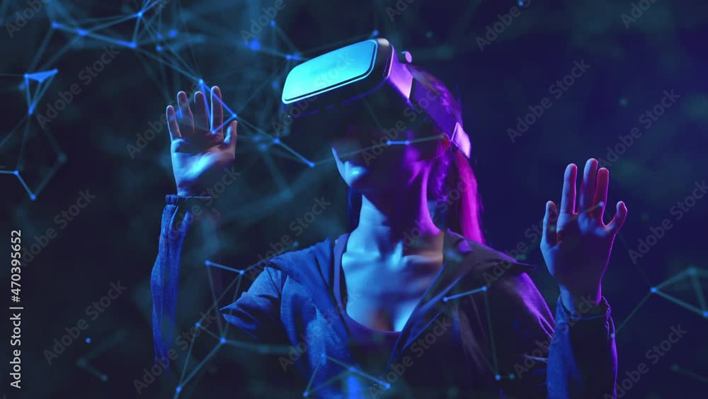 Metaverse VR virtual reality game playing, woman play metaverse virtual ...