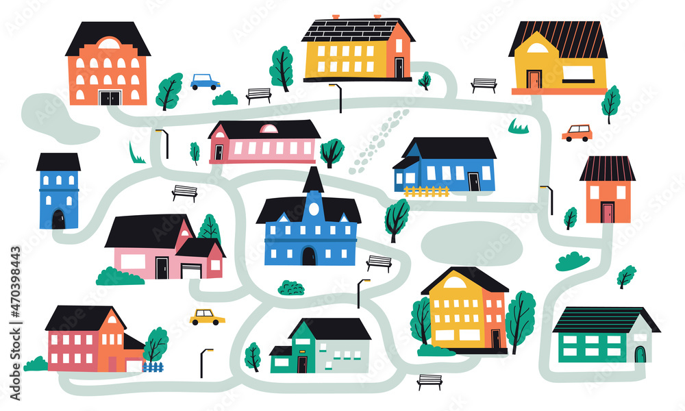Abstract town. Cute hand drawn cozy cottage buildings with tiny windows ...