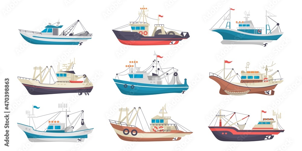 Fishing boat. Cartoon marine fisherman sea vessel. Trawler for seafood ...