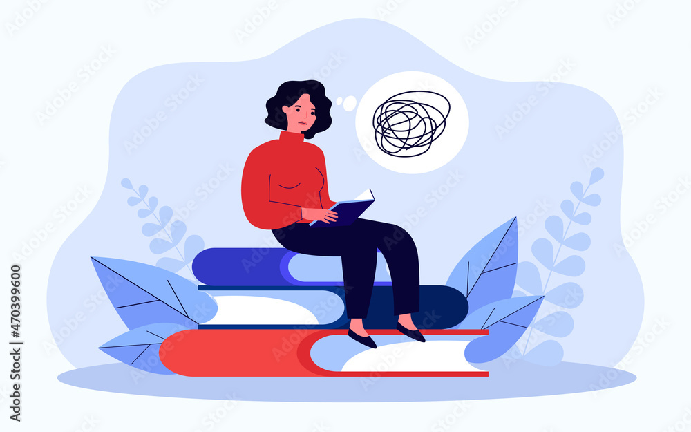 Student reading difficult book without understanding information. Tiny ...