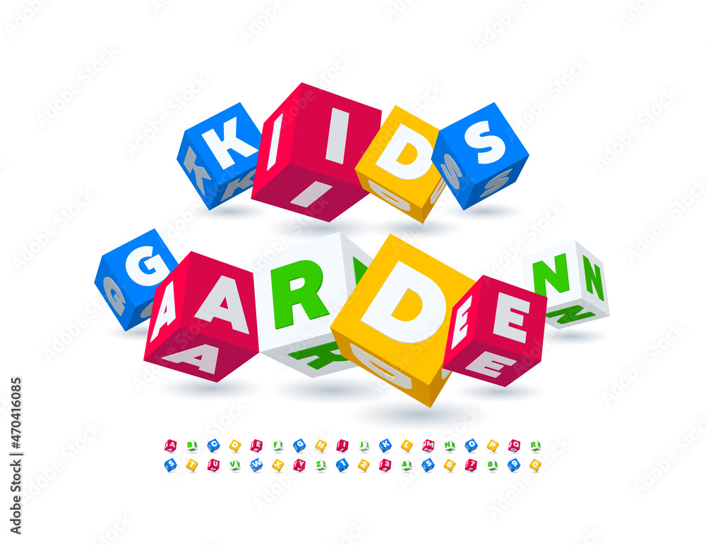 Vector funny emblem Kids Garden. Colorful Cubes Font. Toy Blocks Alphabet Letters and Numbers ...