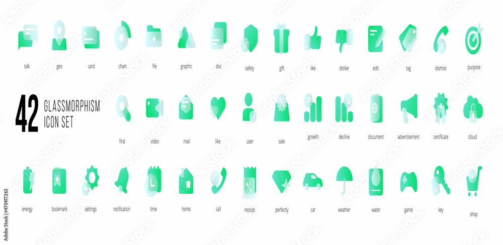 A set of green vector icons of modern trend in the style of glass ...