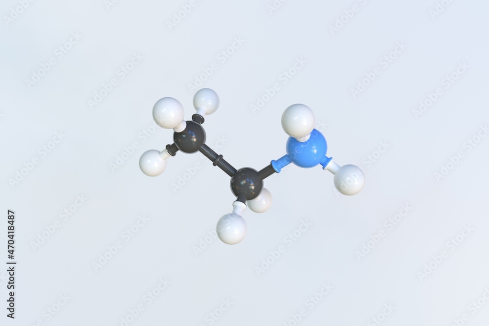 Ethylamine molecule, isolated molecular model. 3D rendering ilustración ...
