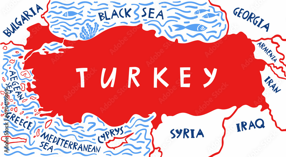 Vector hand drawn stylized map of Turkey with neighboring countries ...
