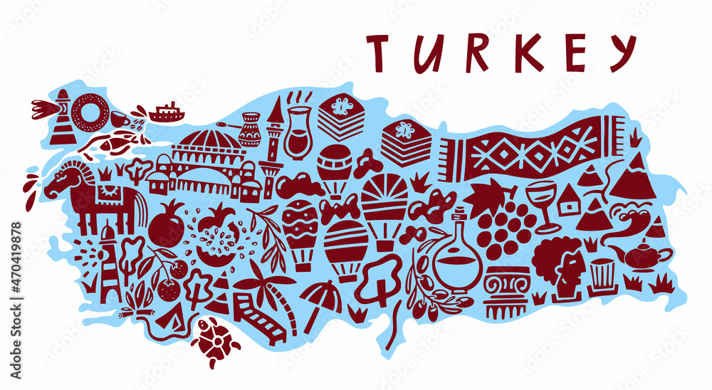 Vector hand drawn stylized map of Turkey landmarks. Turkey Republic ...