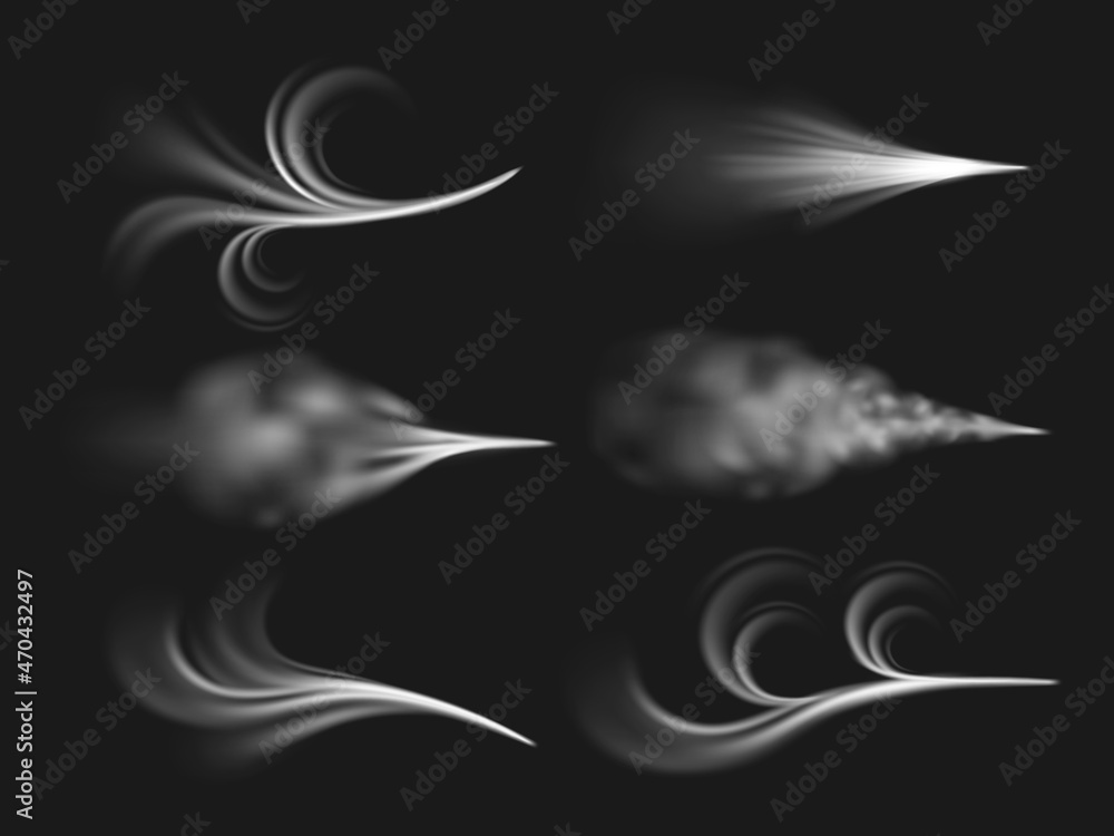 Wind air streams. Realistic flows mist different shapes, smoke plumes ...