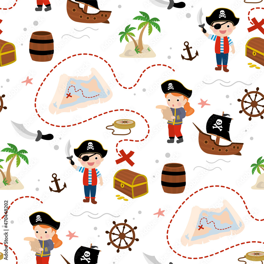 Seamless pattern with cute kids pirates. Cartoon children with sword ...