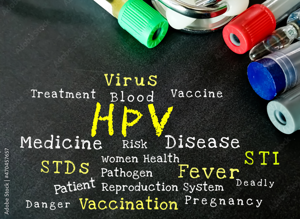Blackboard have text " HPV" in the middle with word cloud. concept of ...