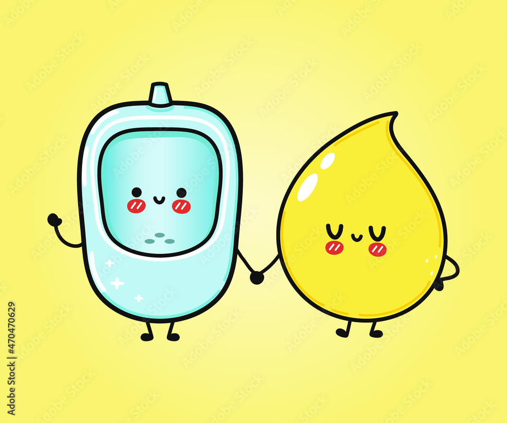 Cute, funny happy urinal and drop of urine character. Vector hand drawn ...