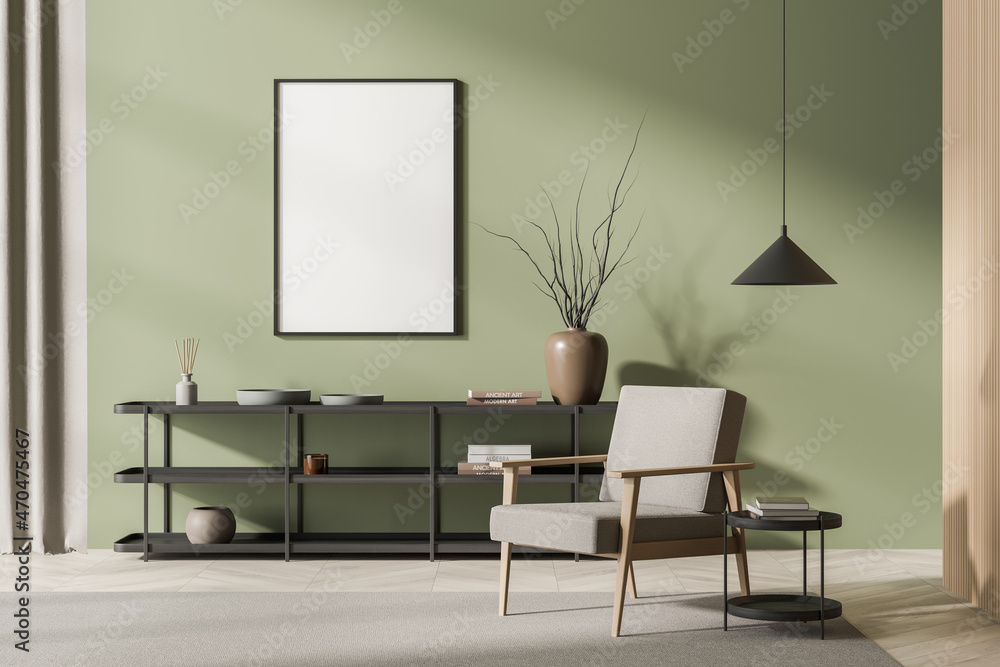 Light art room interior with armchair and coffee table, mockup poster ...