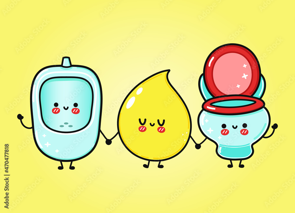 Cute, funny happy urinal and drop of urine character. Vector hand drawn ...