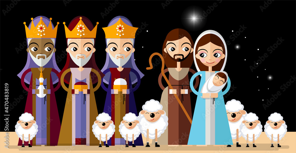 Christmas card in retro style with three kings bringing gifts to Jesus ...