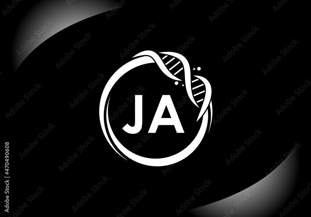 Black letter JA monogram alphabet in a circle with DNA. Genetics logo ...