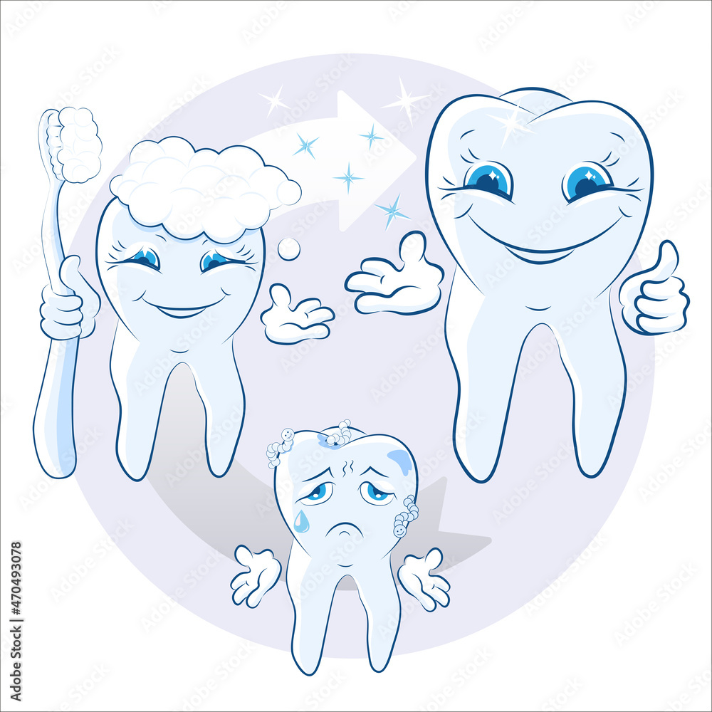 Dirty unhappy crying tooth. Happy cartoon molar brushing itself with ...