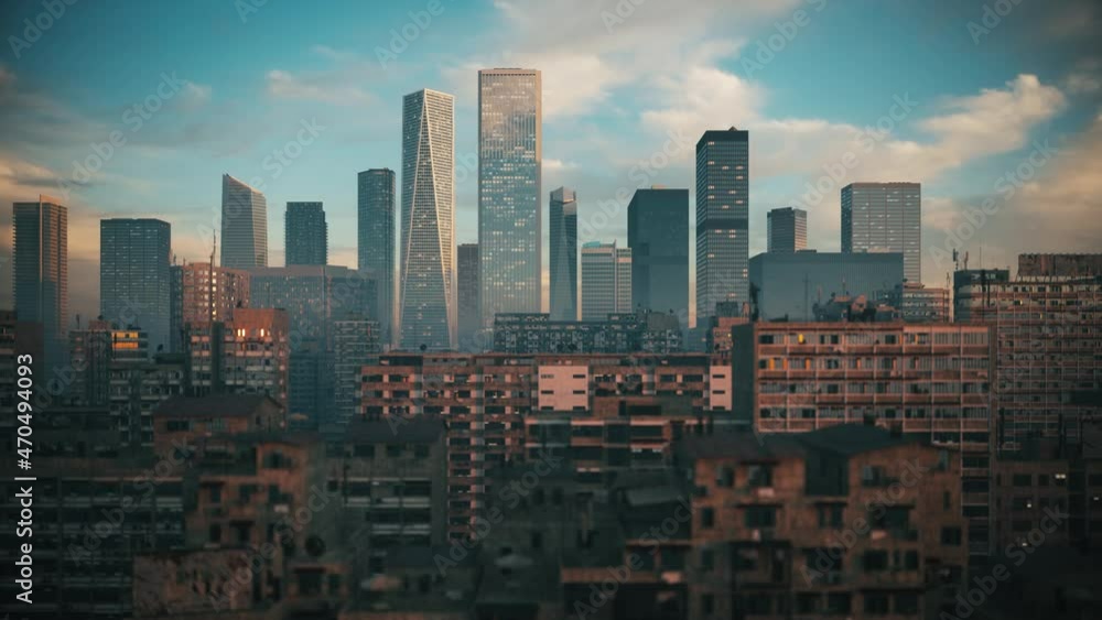 Slums against the modern city. Slum village and skyscrapers. Old and ...