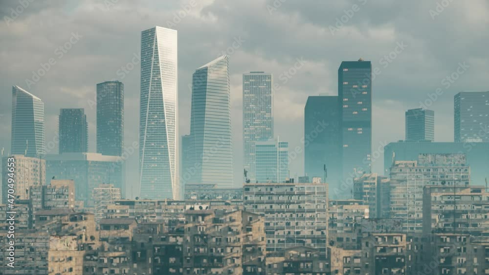 Old and new city. Slum village and skyscrapers. Slums on the background ...