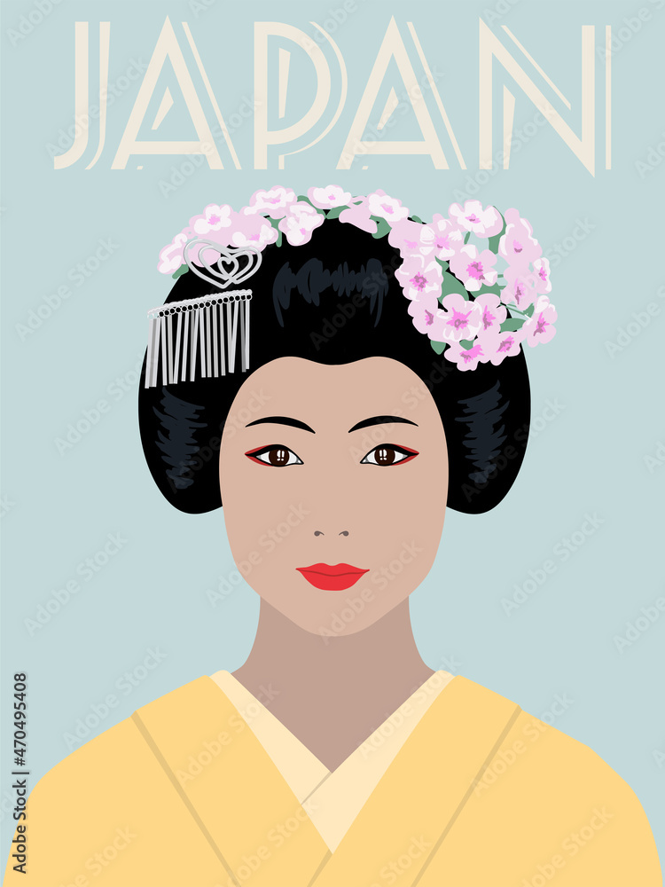 Portrait of a Japanese woman in a kimono and flowers in her hair.Vector ...