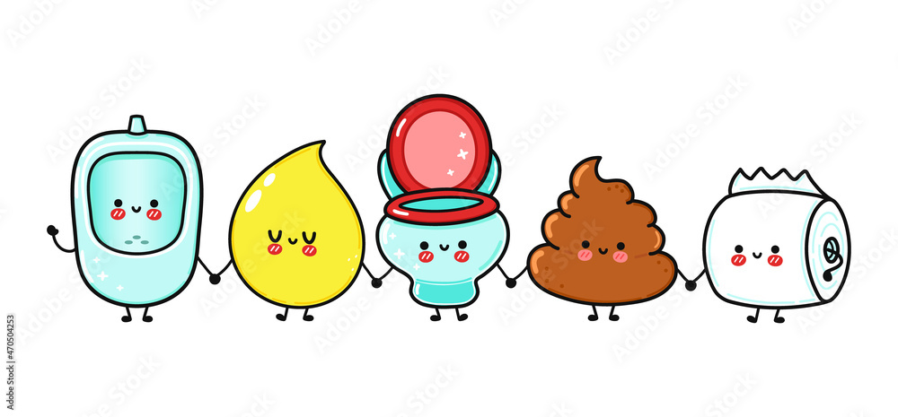 Cute, funny happy urinal, drop of urine, toilet, turd and toilet paper ...