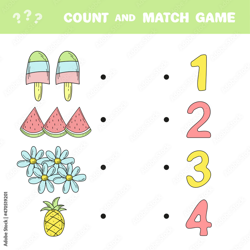 Count and match game. Count the amount of summer items and match with ...