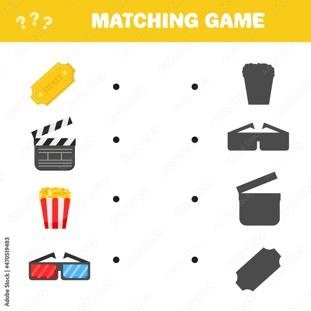 Matching game. Find the correct shadow of cinema and movie items. Game ...