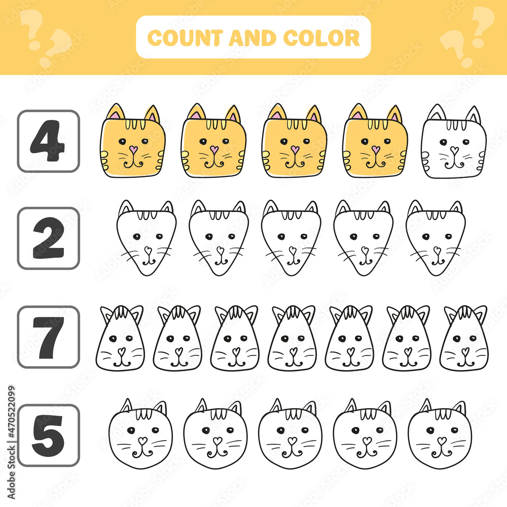 Count and color game for preschool children - cute cats. Worksheet for ...
