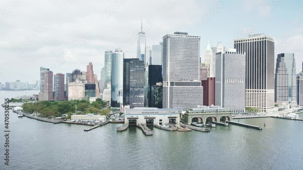 Aerial view downtown New York city. Staten Island Ferry to NYC. Drone ...