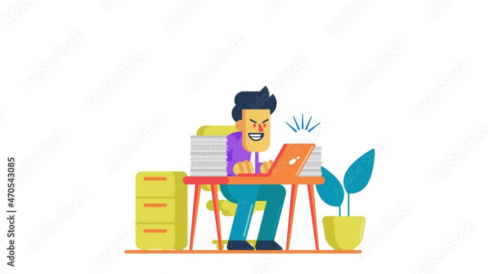 2D animation of an employee finishing stack of documents. Working on a ...