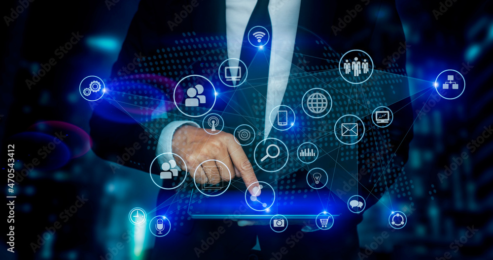 Business people hands working on network and digital finance marketing ...