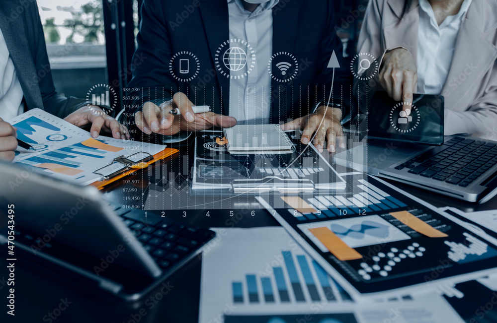Business people hands working on network and digital finance marketing ...