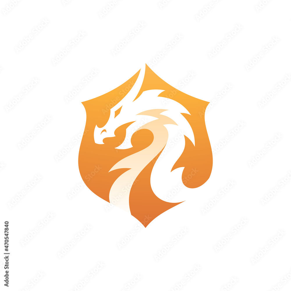 Modern dragon shield badge crest vector. Negative space dragon head and ...