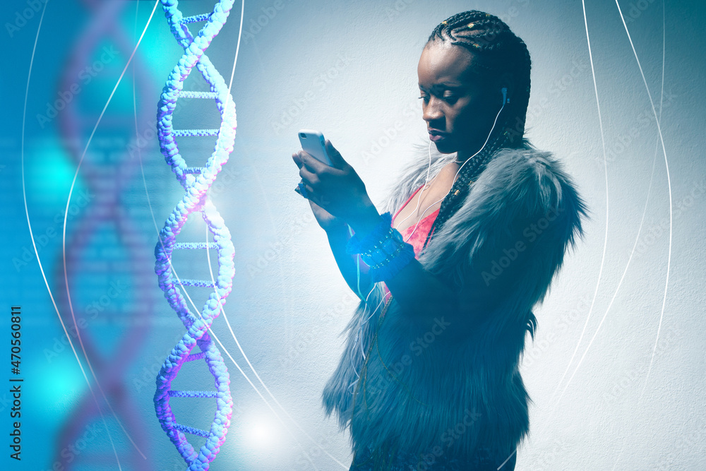 DNA helix next to the girl. African-American woman with a smartphone in ...