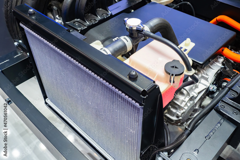 Cooling radiator inside car. Car radiator inside dismantled bonnet ...