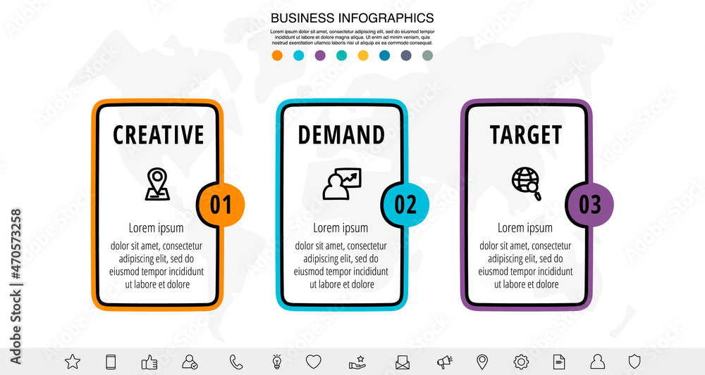 Hand-drawn vector line infographics with three rectangles and icons ...