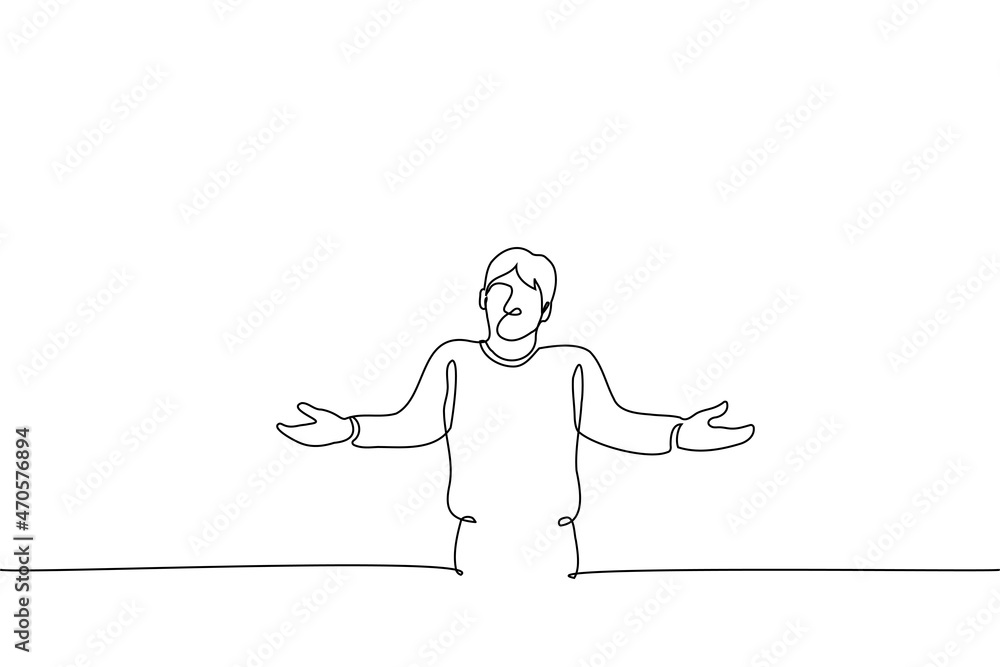 man shrugs his shoulders spreading his arms to the sides - one line ...