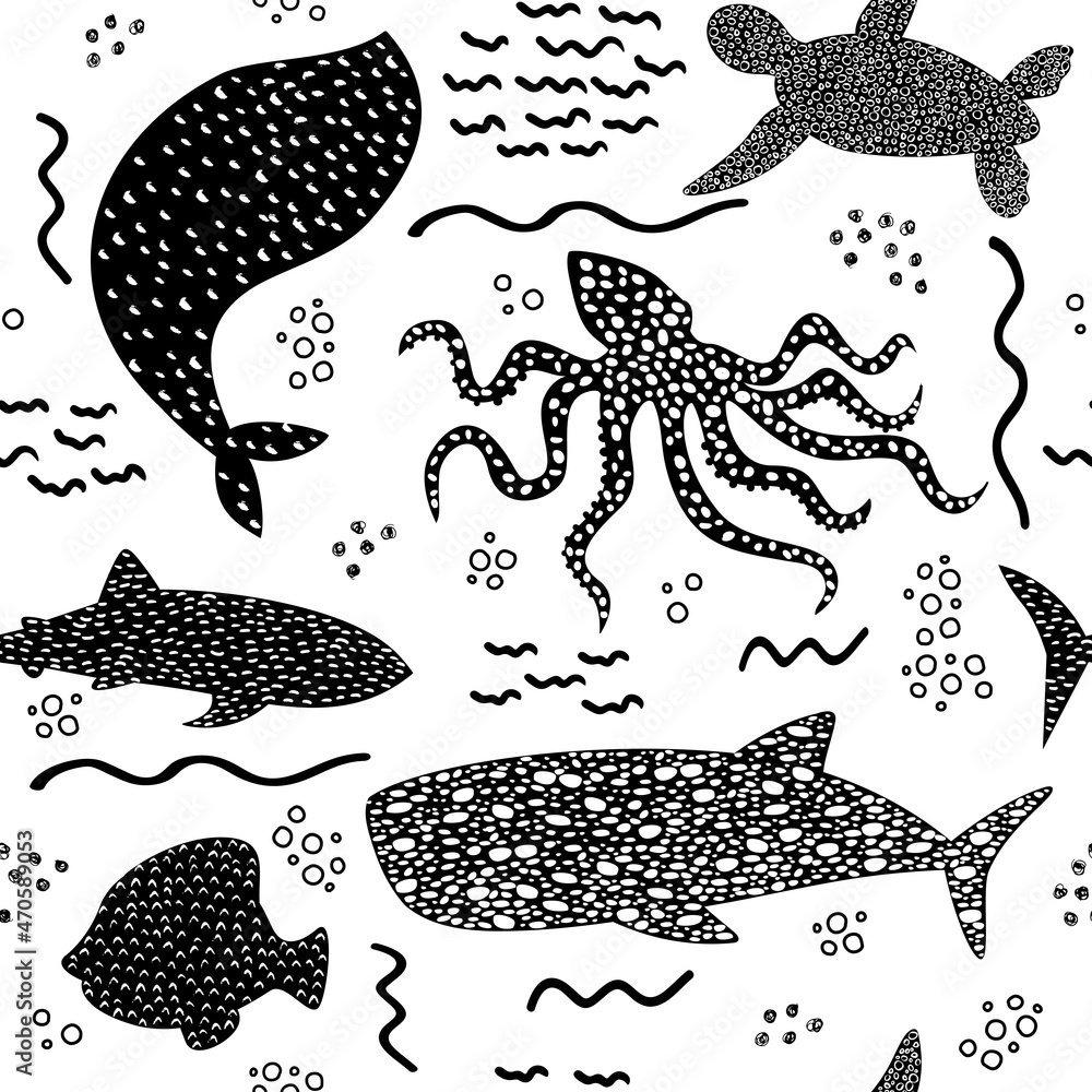 Underwater seamless pattern with whale, squid, fish, turtle and shark ...