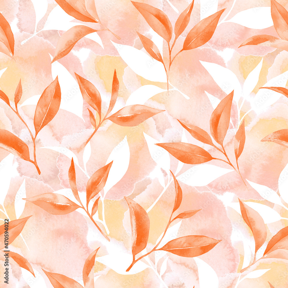 Tea leaves seamless pattern on texture watercolour. Food background ...