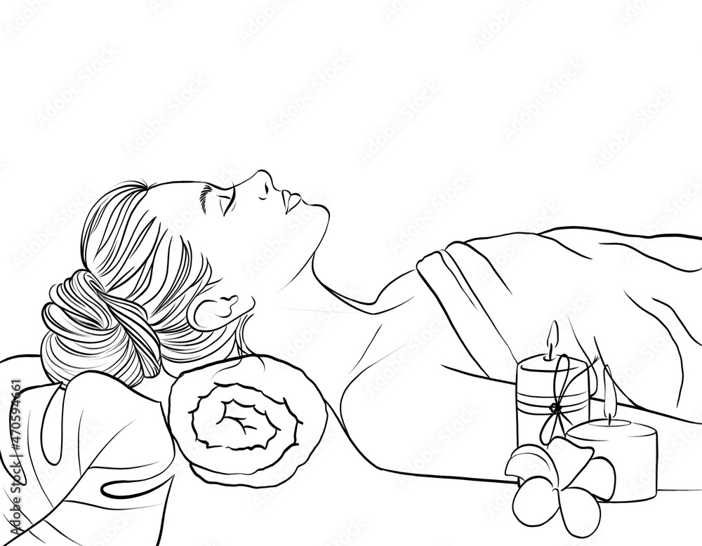 Line illustration of beautyful young woman lying on spa treatments ...