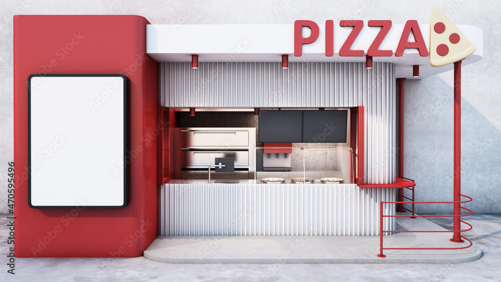 Front view Pizza shop and Restaurant design. Modern minimal.red and ...