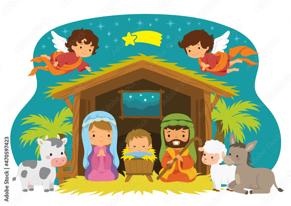 Illustration of the nativity scene with baby Jesus, Mary, and Joseph in ...