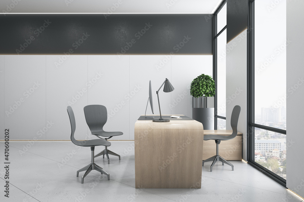 Bright concrete office interior with furniture, window with city view ...