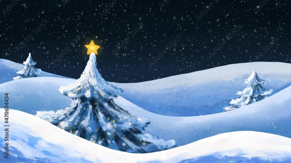 Winter Landscape with Illuminated Christmas Tree and Falling Snow. 4K ...