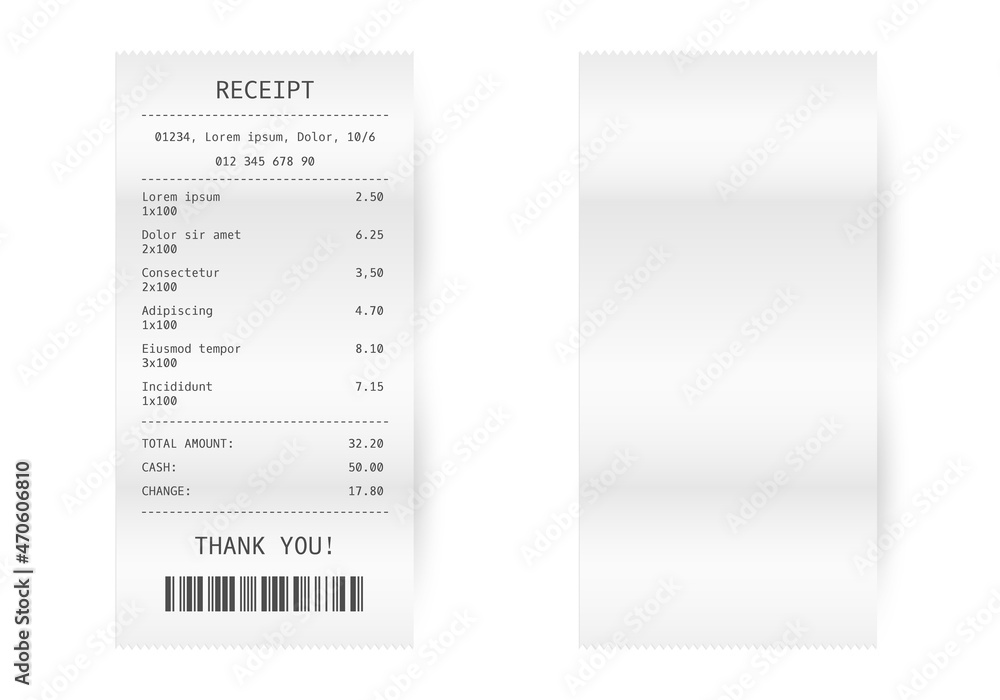 Receipt or bill realistic template. Paper payment check blank ...