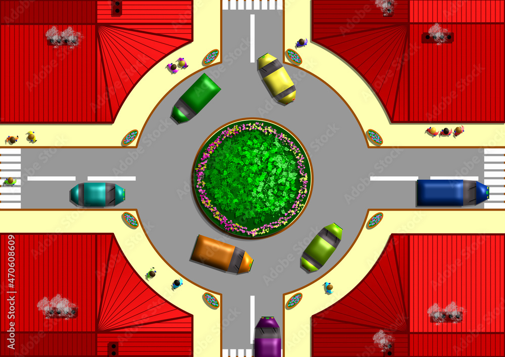 Circulation automobile autour d'un rond-point en centre ville ...