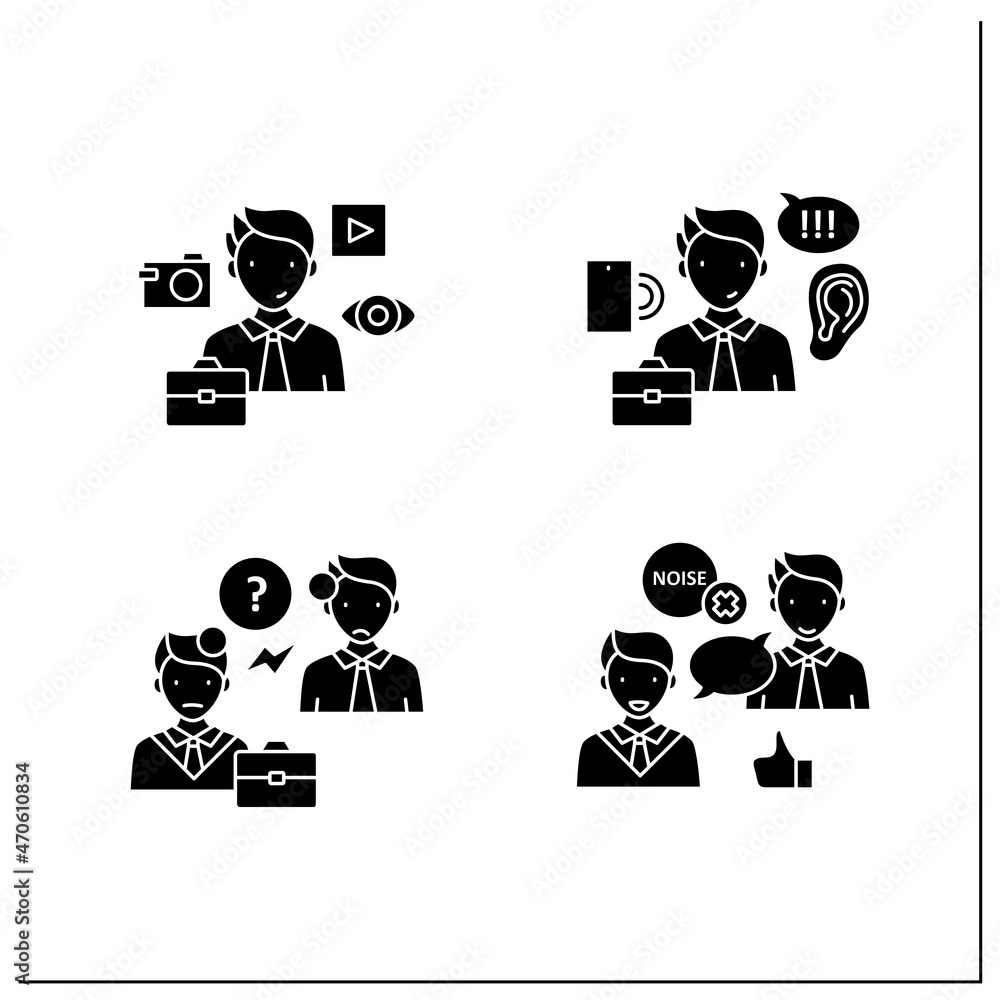 Effective communication glyph icons set. Visual communication, active ...
