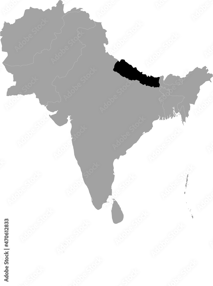 Black Map of Nepal inside the gray map of South region of Asia Stock ...