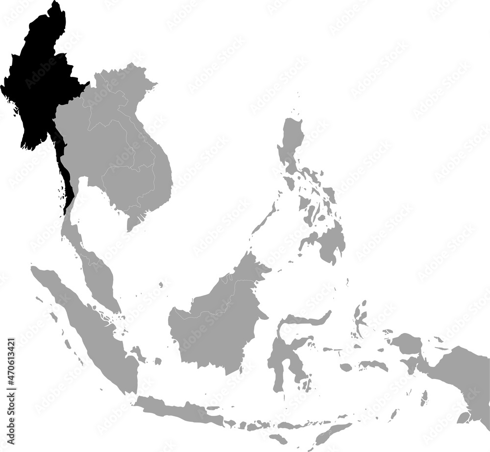 Black Map of Myanmar inside the gray map of Southeast region of Asia ...