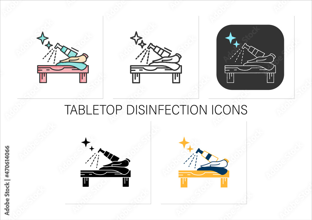 Surface disinfection icons set.Tabletop cleaning with antibacterial ...