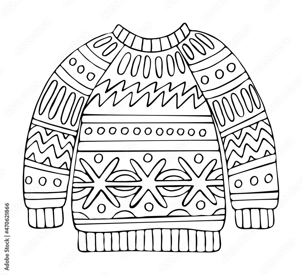 Coloring page warm sweater with patterns. Winter cozy clothes with a ...